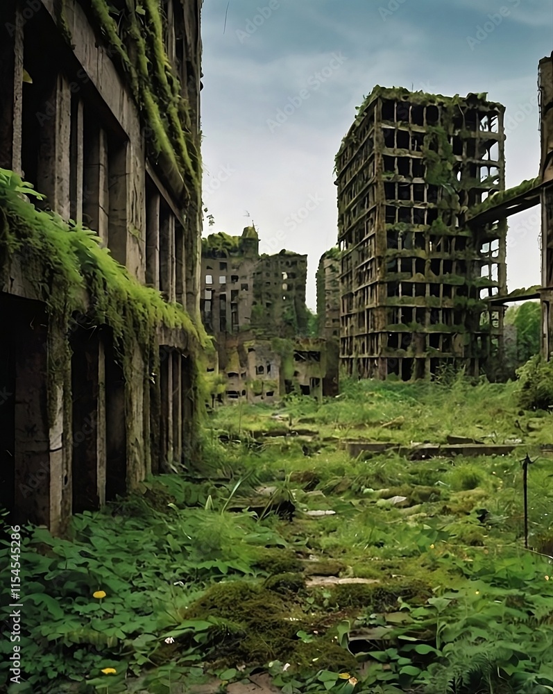 An ancient, overgrown city, where towering steel structures have rusted ...