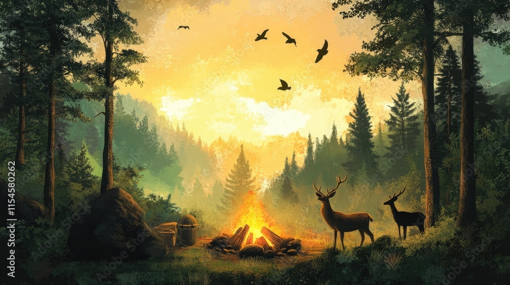 A camping-themed banner featuring wildlife like deer and birds around a ...