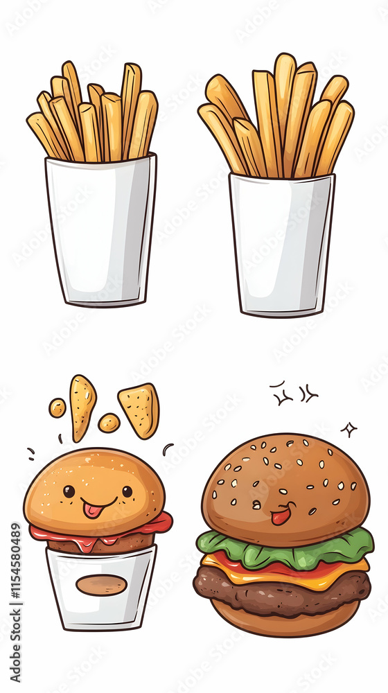 Cartoon burger and fries fast food illustration, menu design, white ...