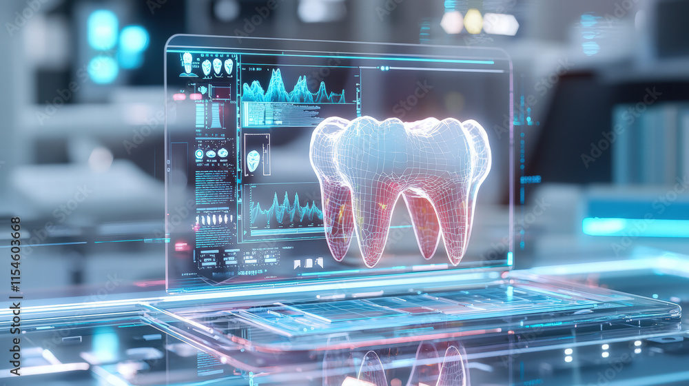 high tech dental analysis machine displays 3D tooth model with data ... high tech dental analysis machine displays 3D tooth model with data ...