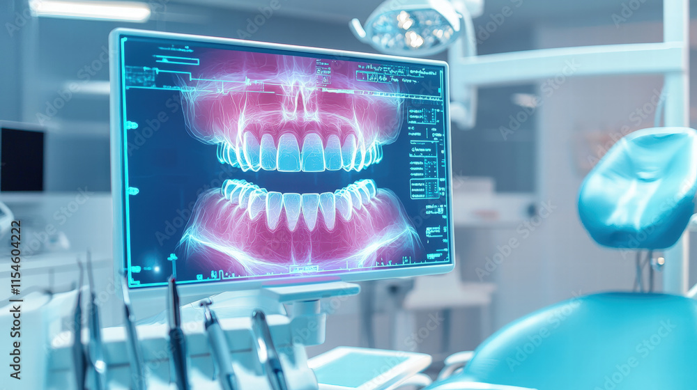 Digital dental x ray display showing teeth and gums in modern clinic ...