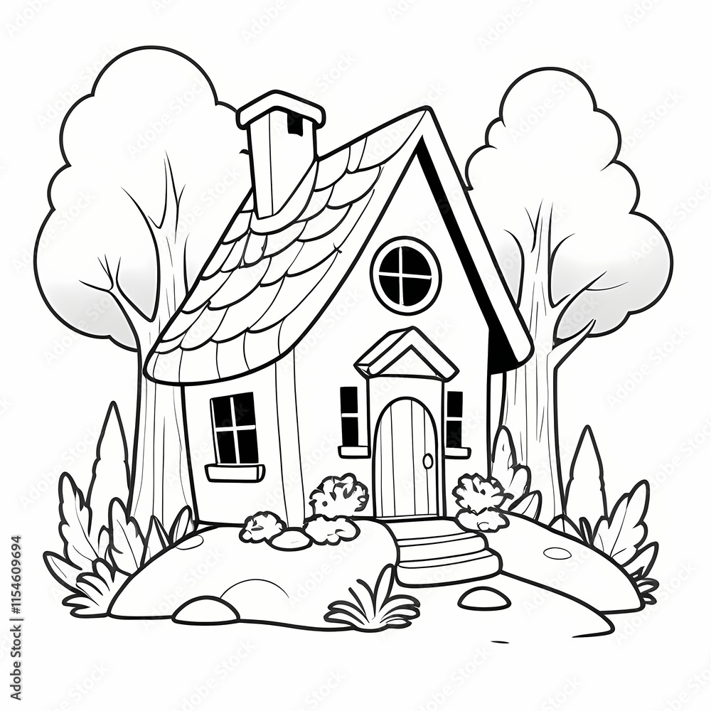 Cute kids coloring page. Landscape with house, trees, bushes, field and ...