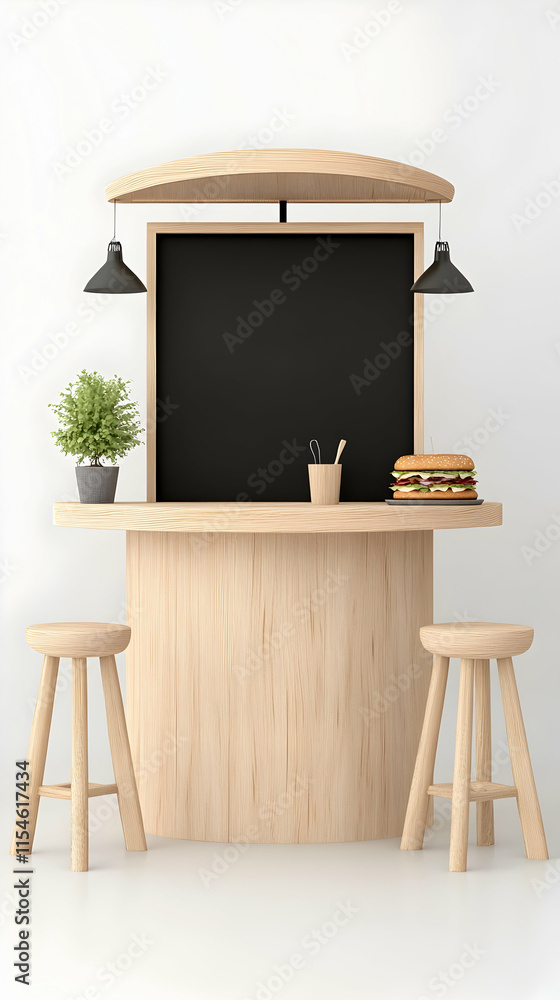 Wooden food stall kiosk mockup, blank menu board, burger, stools, white ...