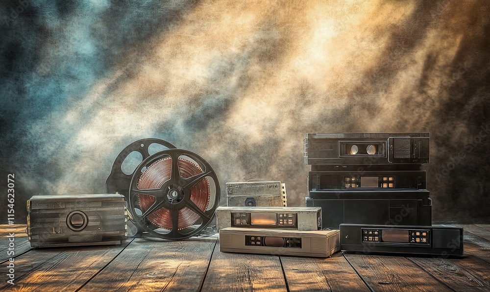 Vintage film reels, VHS tapes, and other retro media devices on a ...