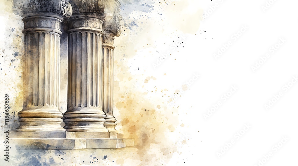 Watercolor painting of three classical columns. Stock Illustration ...