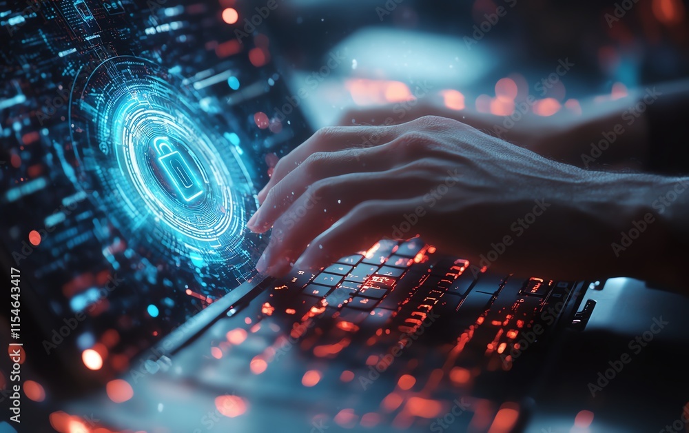 Hands typing on a laptop with a digital lock hologram, futuristic cybersecurity theme, bokeh ...