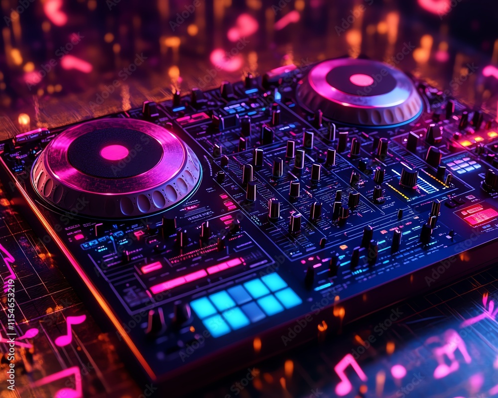 Neonlit DJ turntable surrounded by colorful music notes and vibrant ...