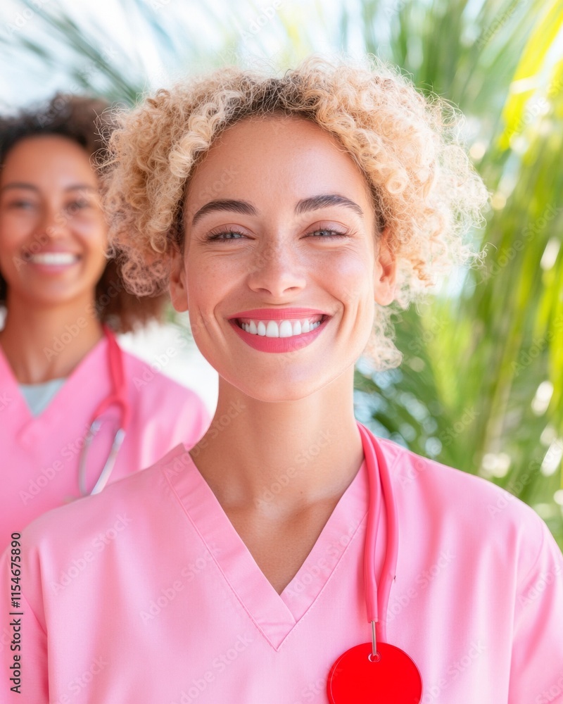 Empowered Female Healthcare Professionals in Pink Uniforms with Bright ...