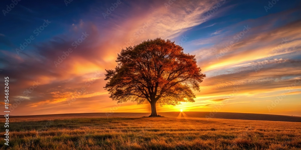 Sunset paints a solitary autumn tree in fiery hues, a minimalist scene ...