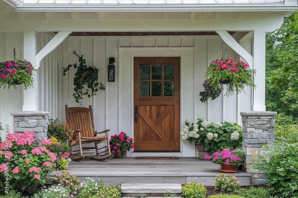 Nantucket-style front porch with ornamental chair, potted plants, and ...