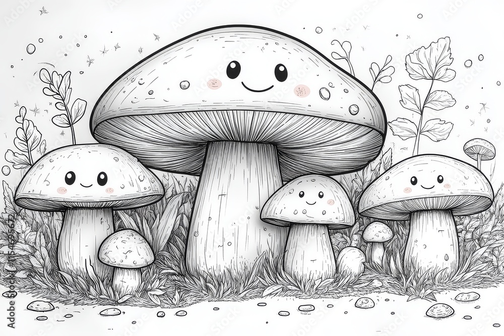 Coloring page for kids featuring cute kawaii mushrooms with faces and ...