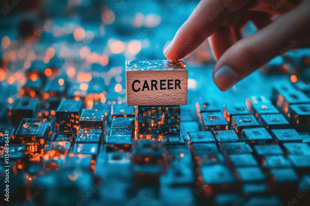 A creative scene where a hand places the "CAREER" block on a staircase ...