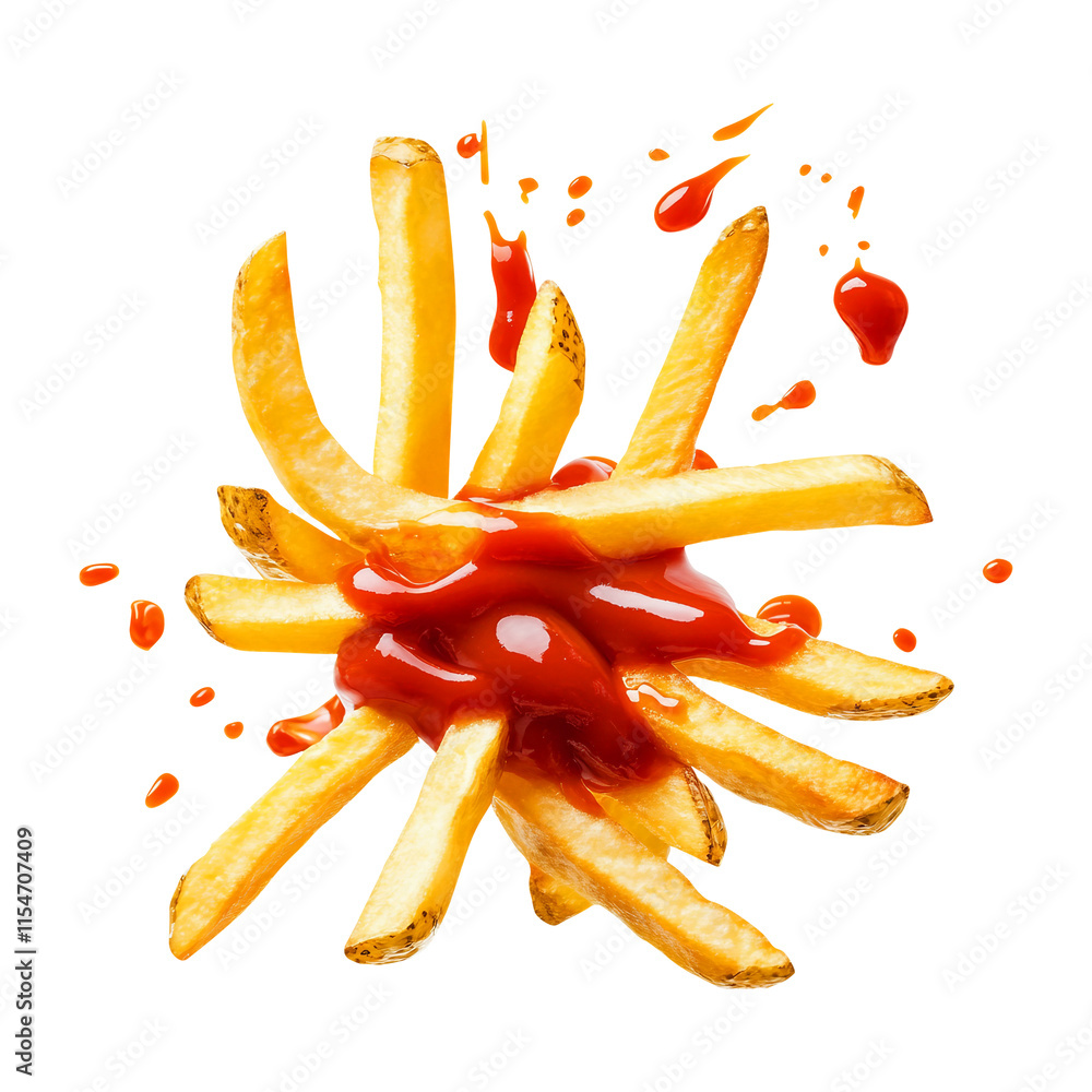 flaying french fries with ketchup splash isolated on transparent ...