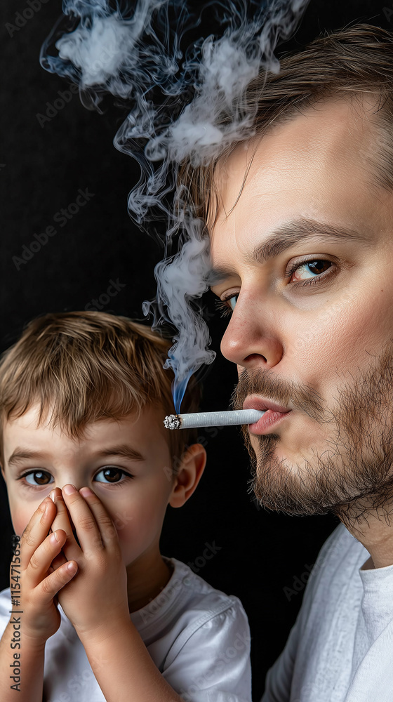 Father smoking near his kid. Unhappy child covers his nose from bad ...