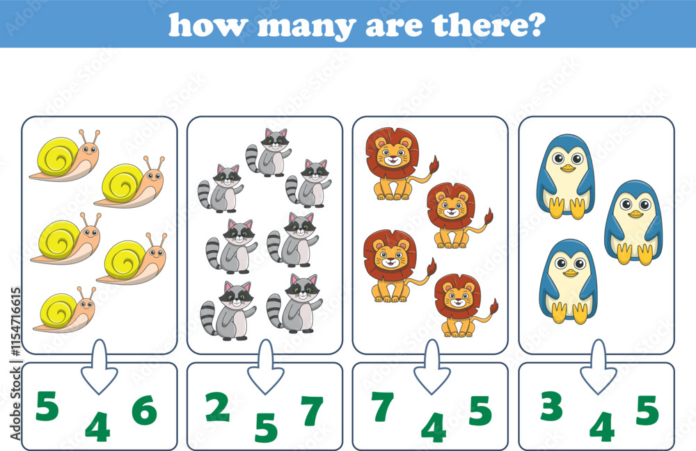 Counting game of wild animals for preschool kids. Printable. Vector ...