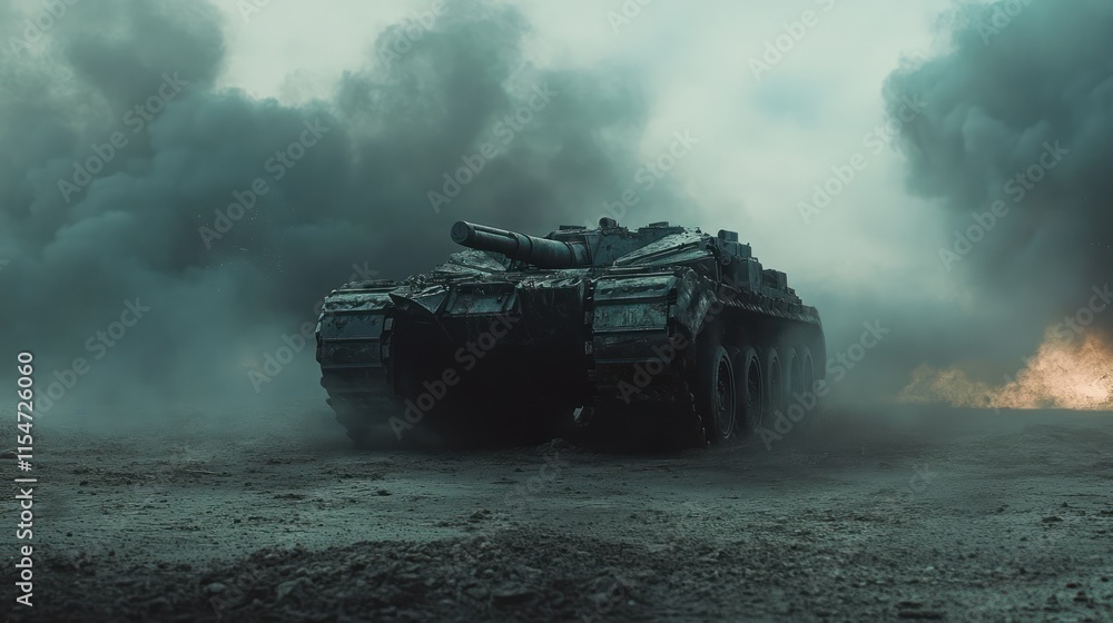 Giant military tanks traverse the barren battlefield, their massive ...