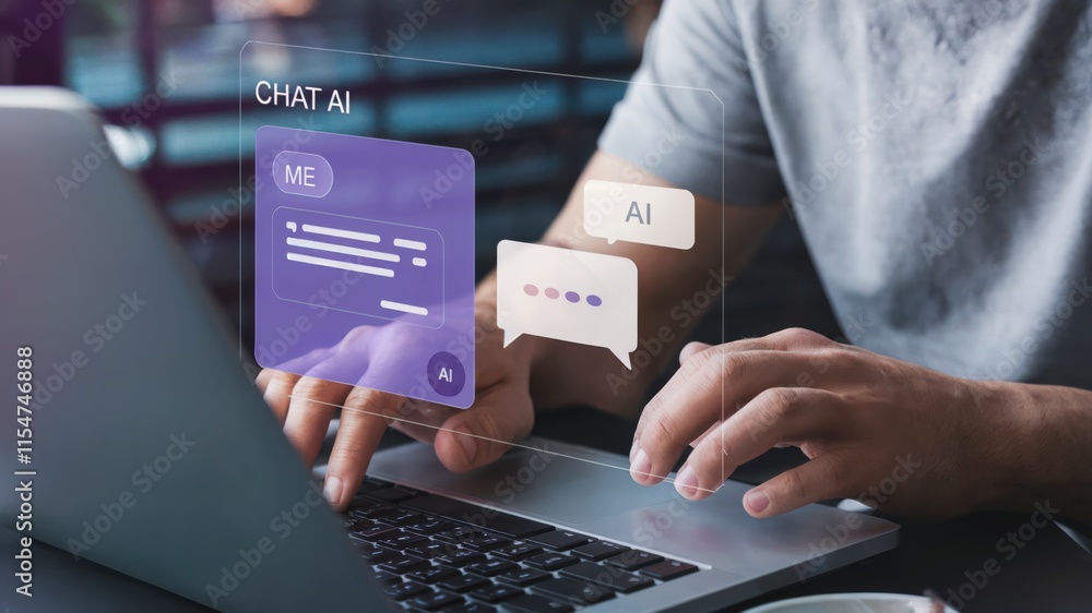 ChatGPT, LLMs (Large Language Models) Chat With AI Technology. Man Using a Laptop Computer ...