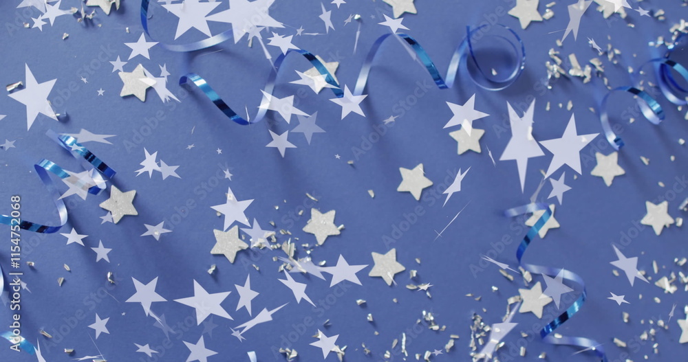 Image of stars falling over party streamers on blue background Stock ...