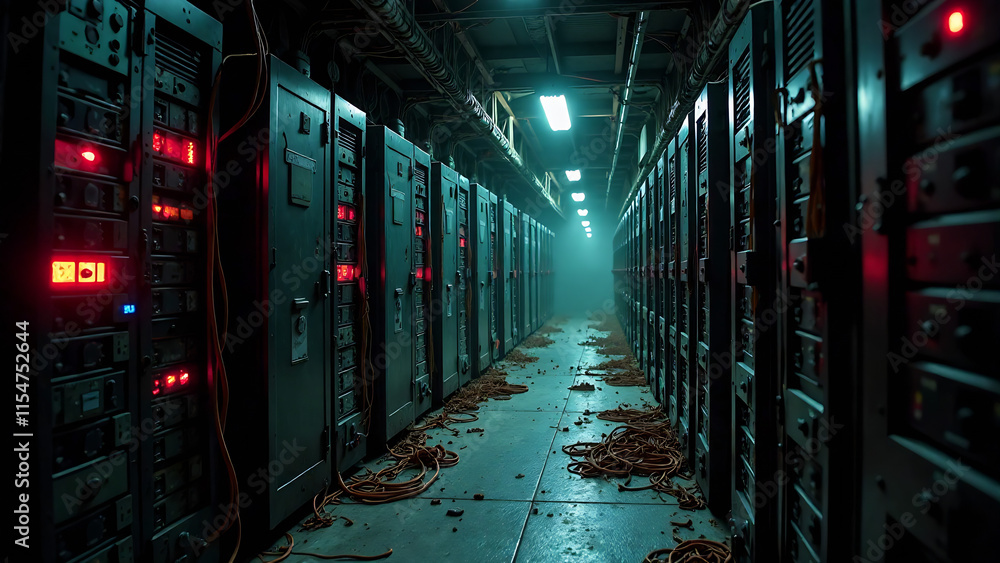 abandoned creepy old server room with tangled wires and broken computer ...