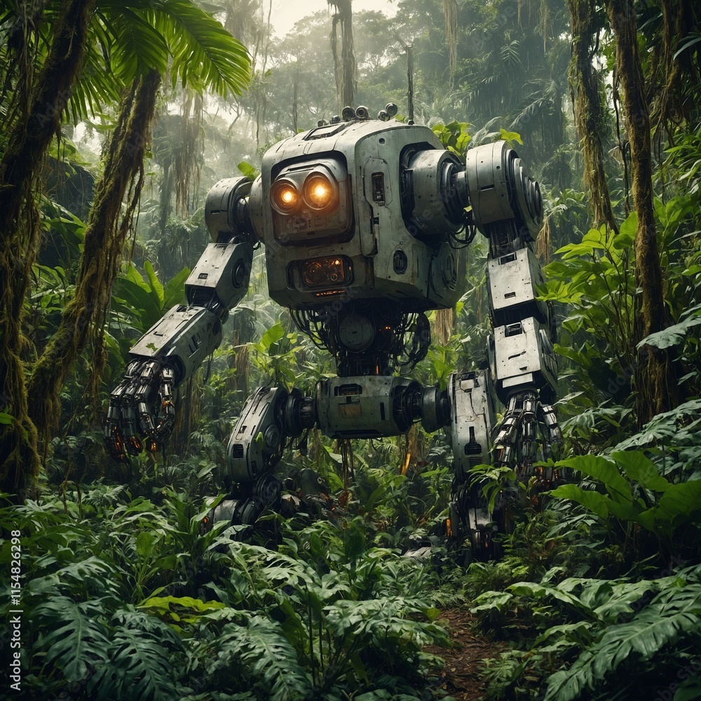 A mystical robot village set in a jungle made entirely of giant plants ...