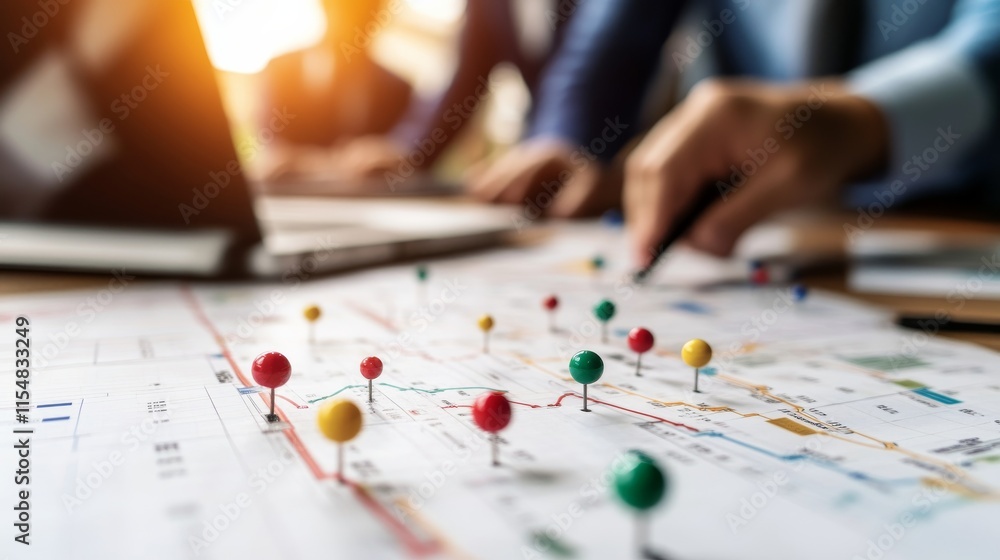 Group of investors discusses real estate strategies with a detailed map ...