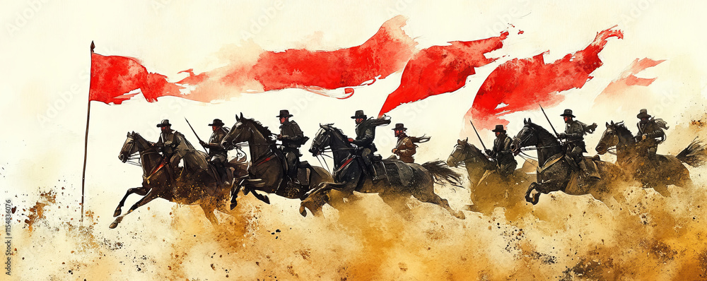 Ilustración de Stock Galloping cavalry with red flags charge through ...