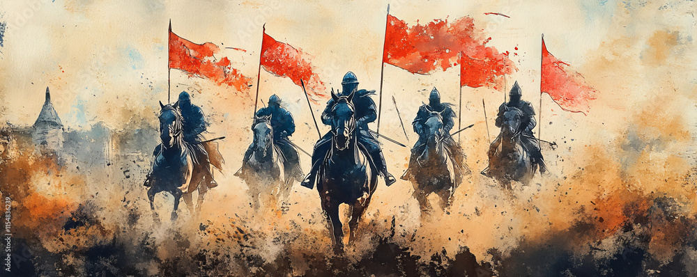 Heroic knights on horseback charge through vibrant dust clouds, their ...