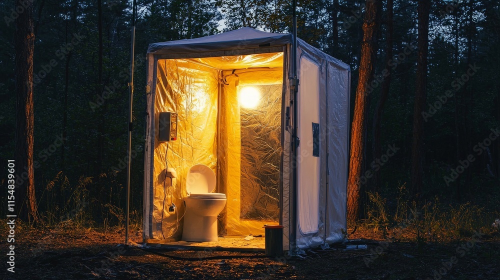 Emergency Toilet setup in a disaster relief area, illuminated by clear ...