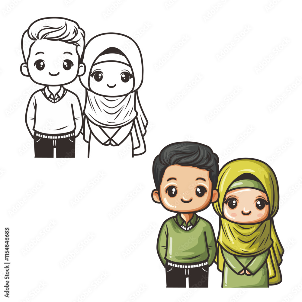 Vector cute couple of muslim cartoon character, line art, black outline ...