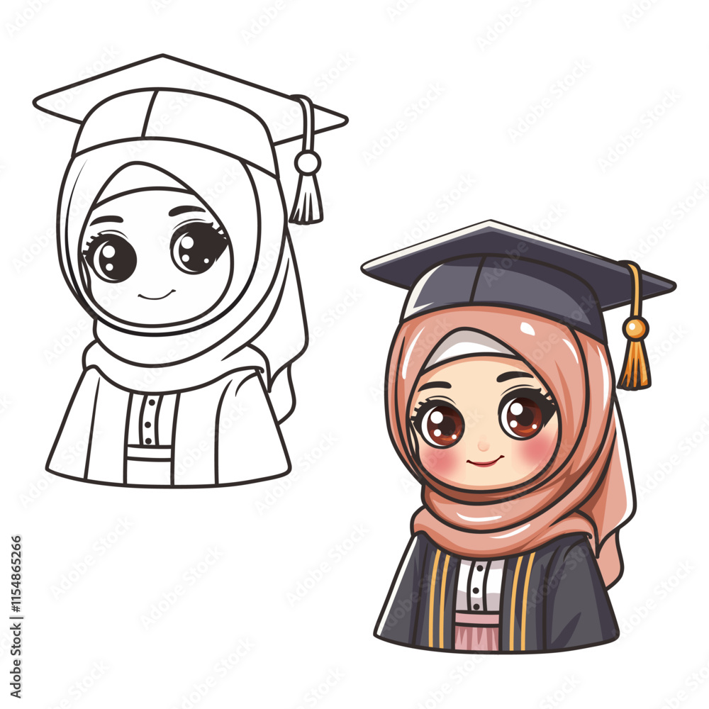 Cartoon cute muslim girl graduation vector with toga hat 2D animation ...