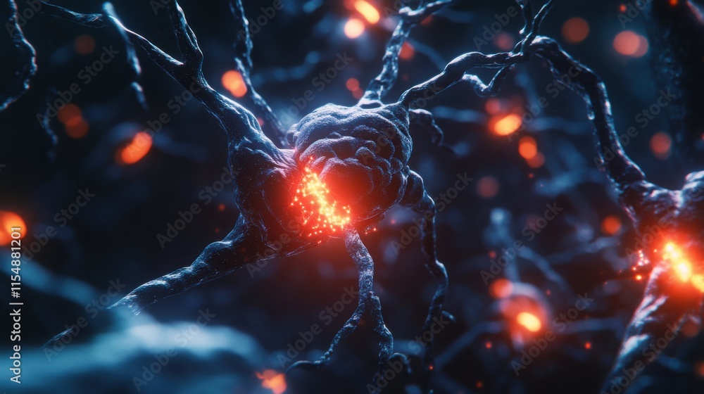 Zoomed-in view of nerve cells showing synaptic clefts under a ...