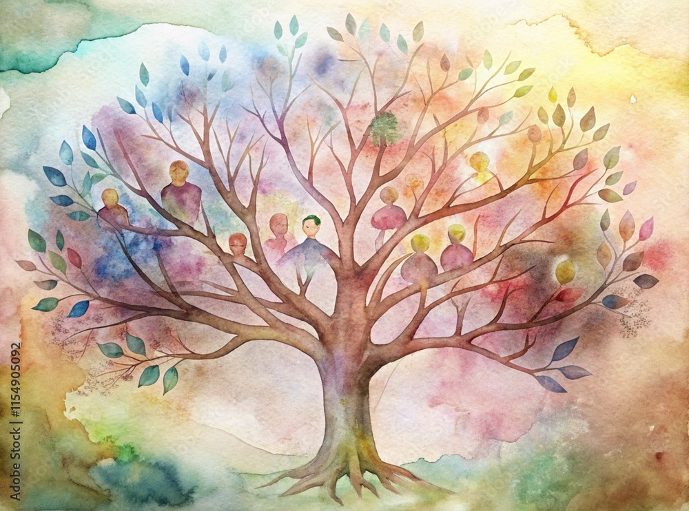 watercolor family tree featuring delicate, flowing branches and soft ...