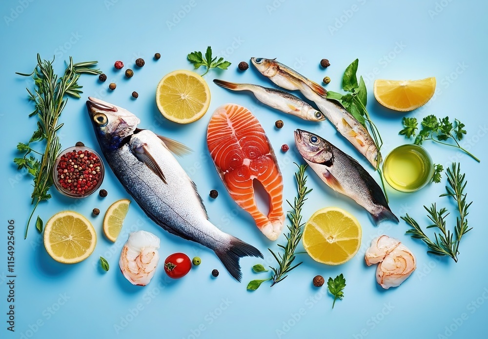 A flat lay composition featuring various types of fish, such as salmon ...