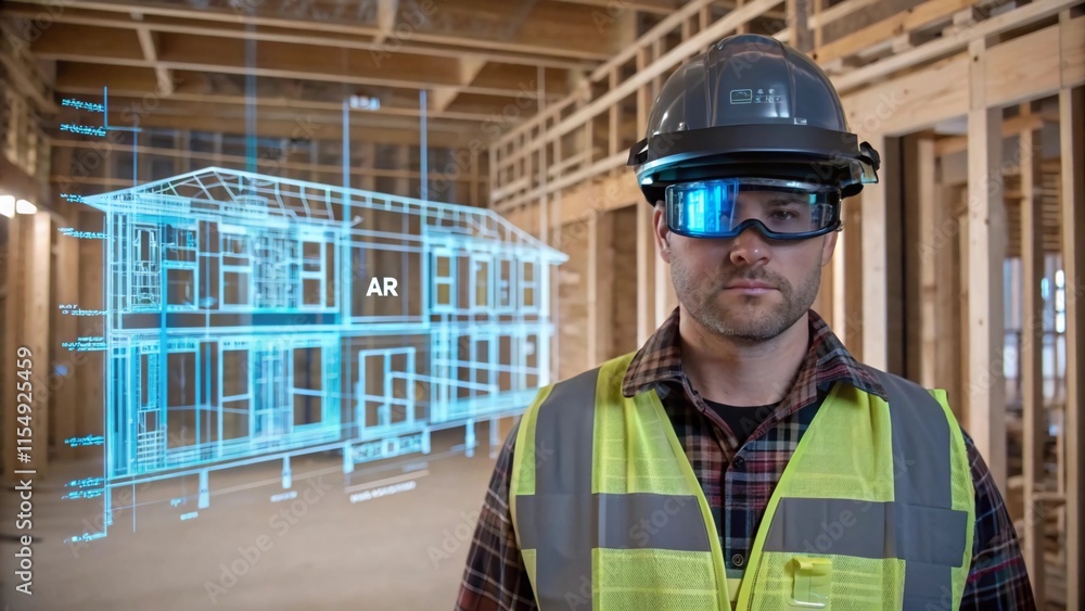 Augmented Reality Blueprint Overlay, a construction worker wearing AR glasses, with holographic ...