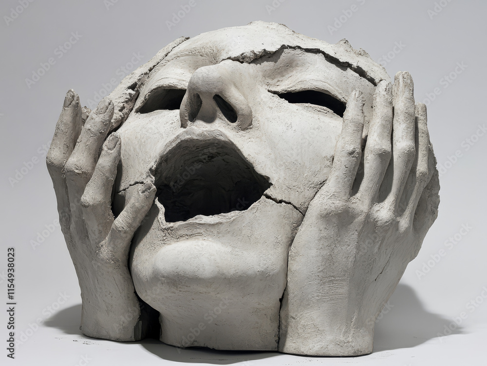 Contemporary art sculpture depicting distressed face with cracked ...