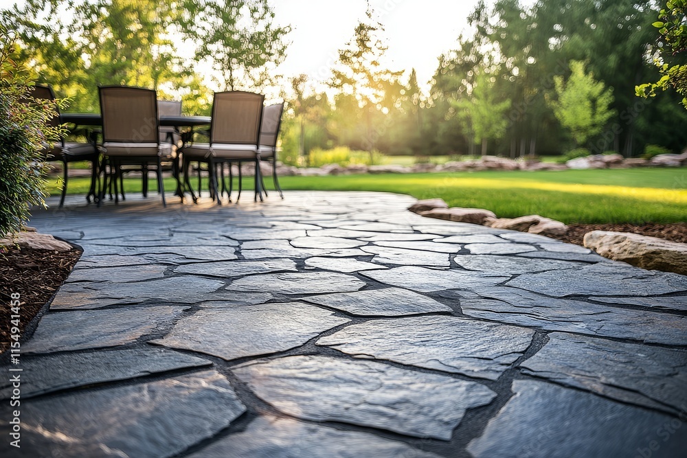 Patio with paver stones and natural stone, featuring outdoor dining ...