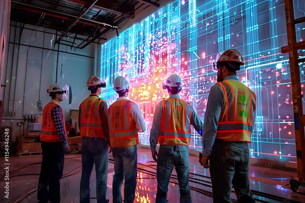 Construction workers wearing VR headsets observe a large digital ...