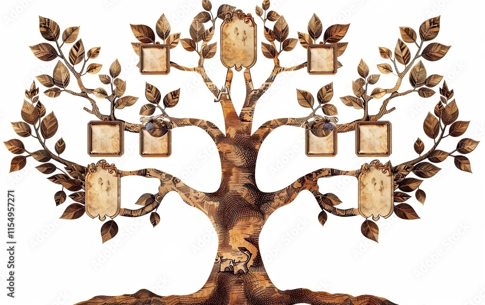 Brown vintage family tree of several generations. Bonding relationship ...