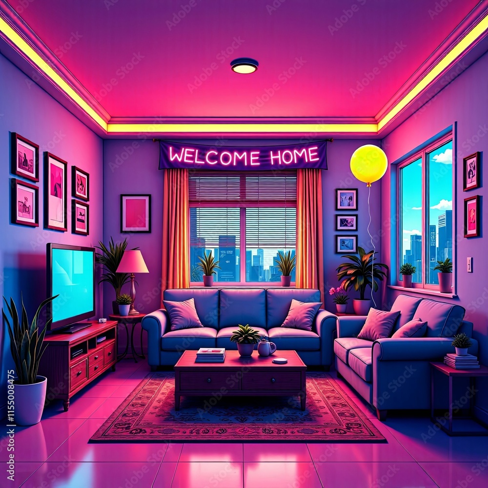 vaporwave living room interior welcome home banner smiley face balloon ...