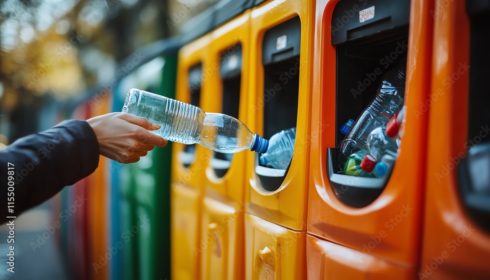A modern recycling station with multiple bins, a woman s hand throwing ...