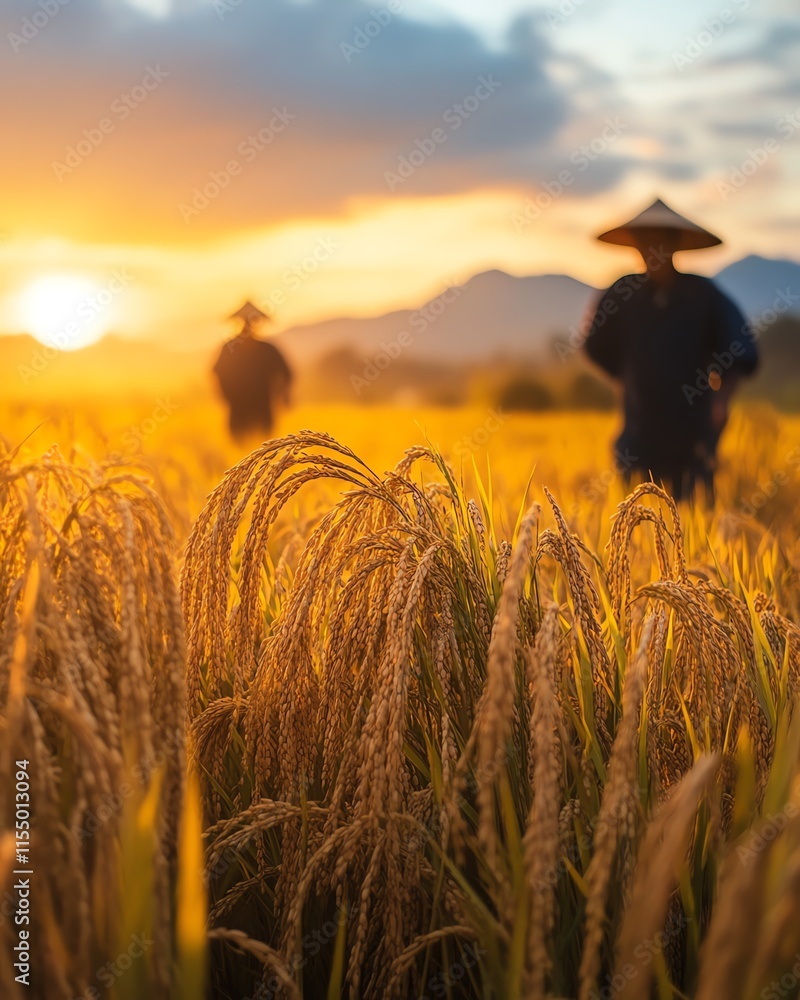 Farmers harvesting rice in golden fields under a soft sunset, serene ...