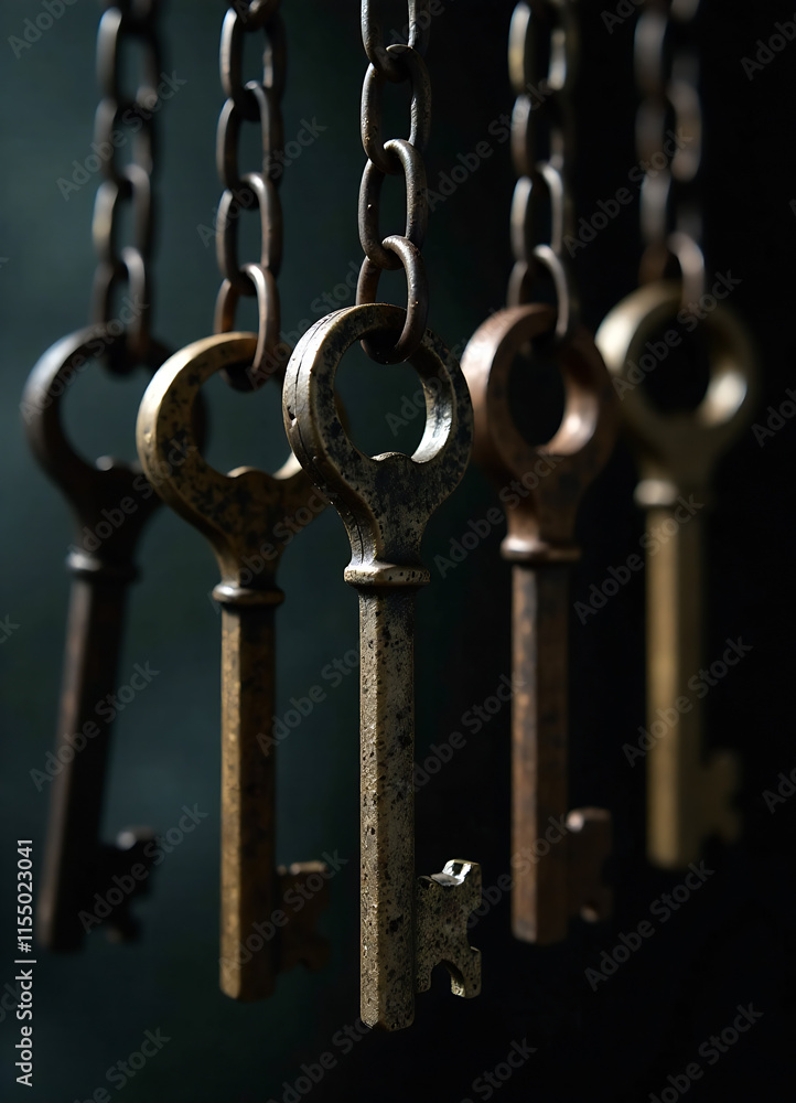 Five old keys hanging on chains representing choices and solutions new ...