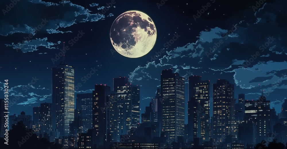 cartoon bustling city illustration at night Stock Illustration | Adobe ...