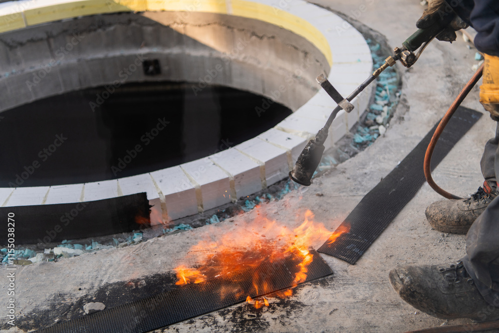 An industrial worker uses fire to soften a rubber underlay for floor ...
