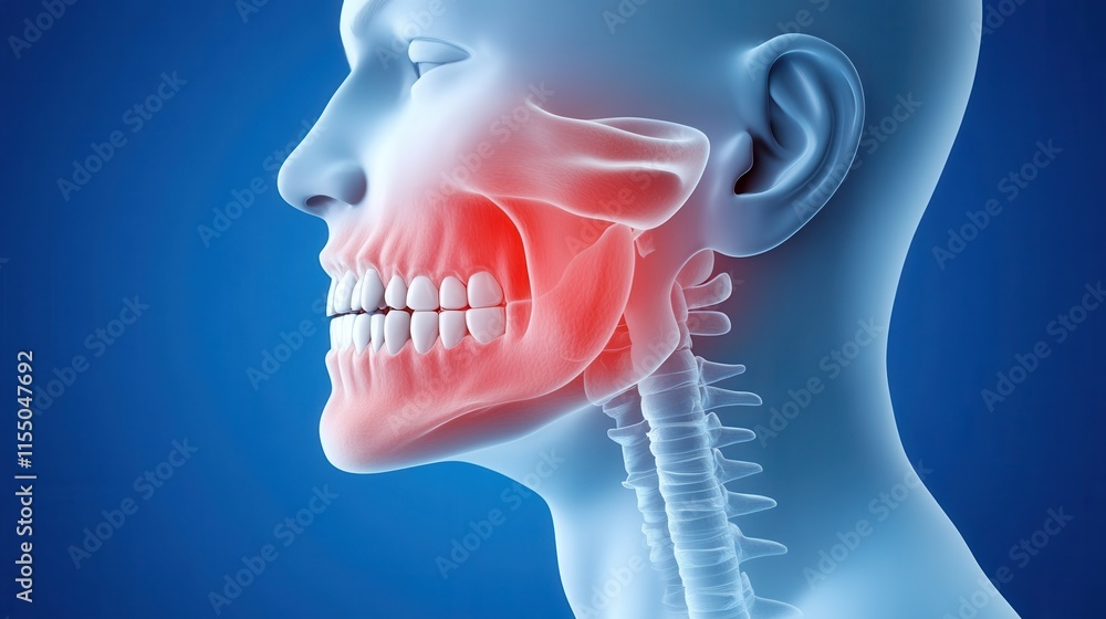 3D medical illustration showing a human head in profile with ...