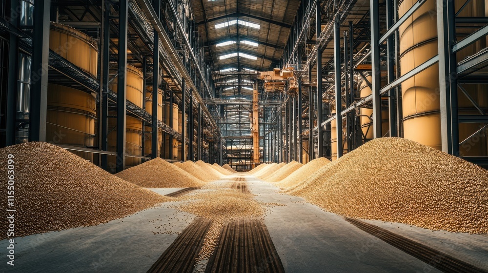 Granary Warehouse with Grain Piles and Storage Tanks in Modern Facility ...