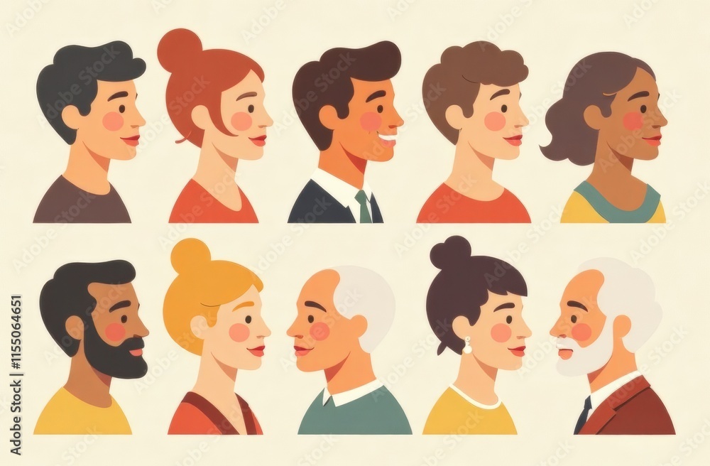 Set of faces in profile: men, women, youth and old people of different ...