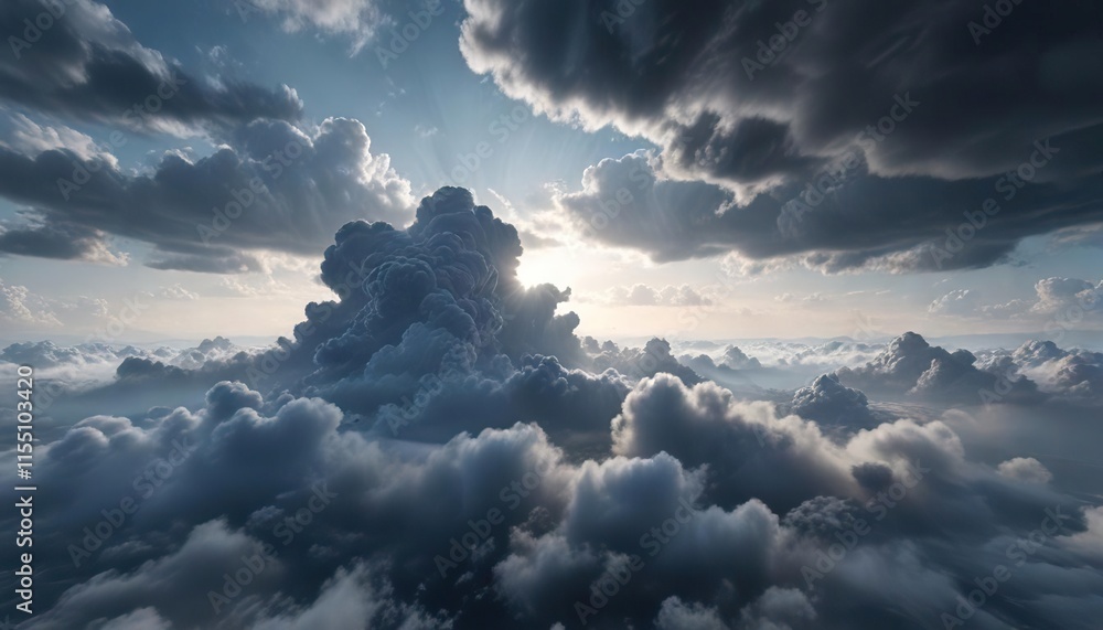 Misty blue sky with thick grey clouds that obscure the view, low ...