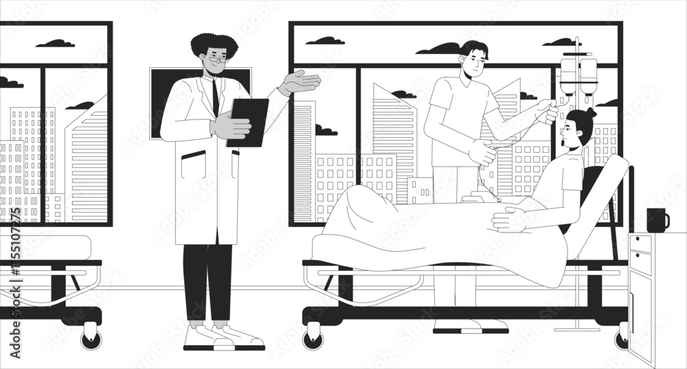 Doctor and nurse checking on patient on hospital bed black and white ...