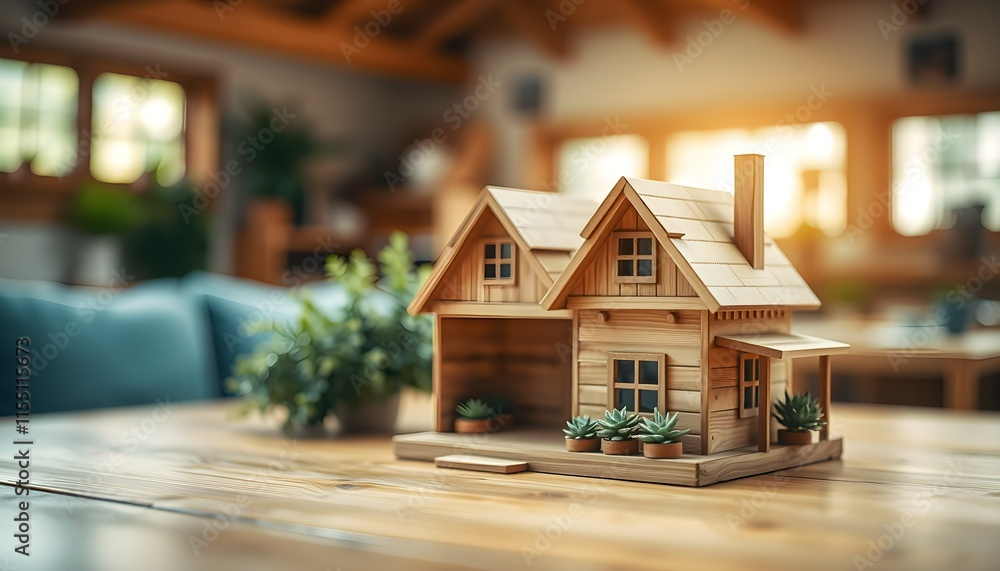 Stock-Foto „Miniature wooden cabin, architectural model, tiny house ...